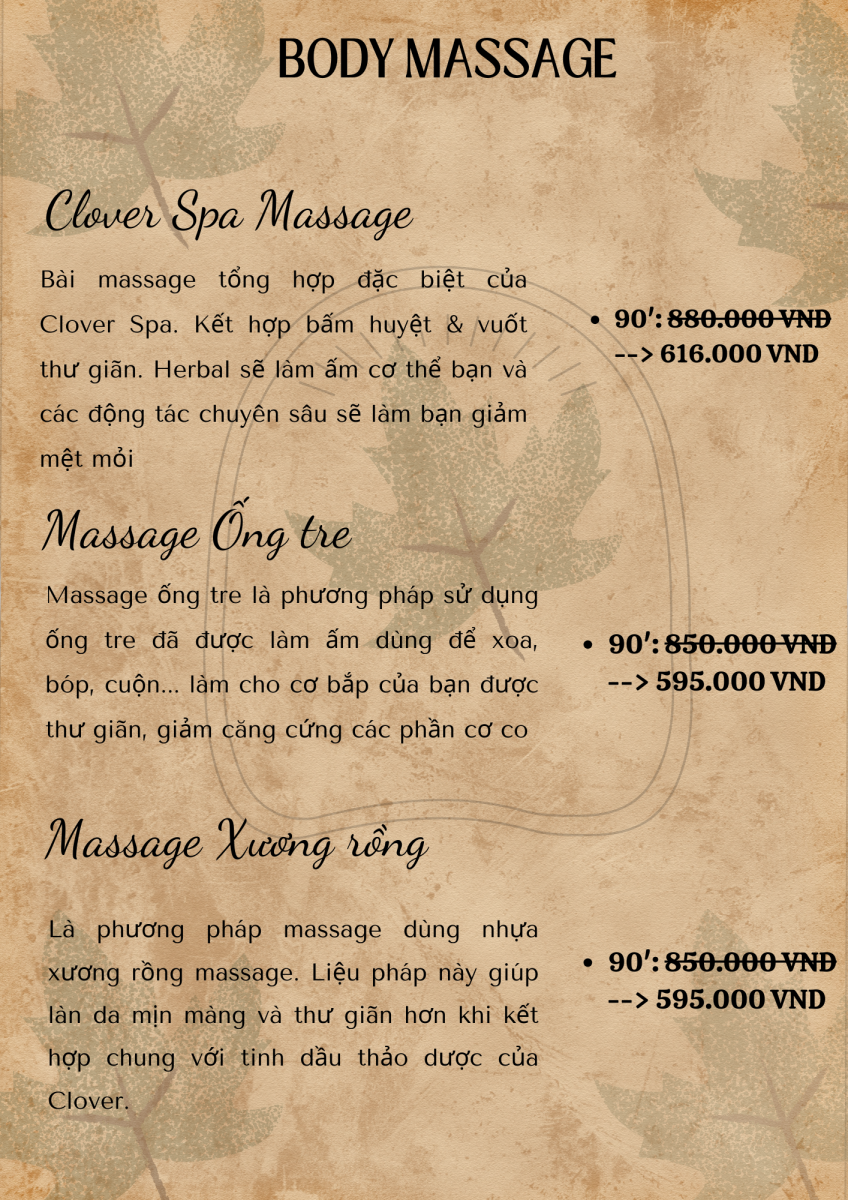 Bảng Giá Clover spa massage